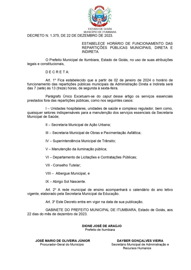 PREFEITURA DE ITUMBIARA MANTÉM EXPEDIENTE DAS 7 ÀS 13 HORAS, EM ALGUMAS ÁREAS - Prefeitura ...